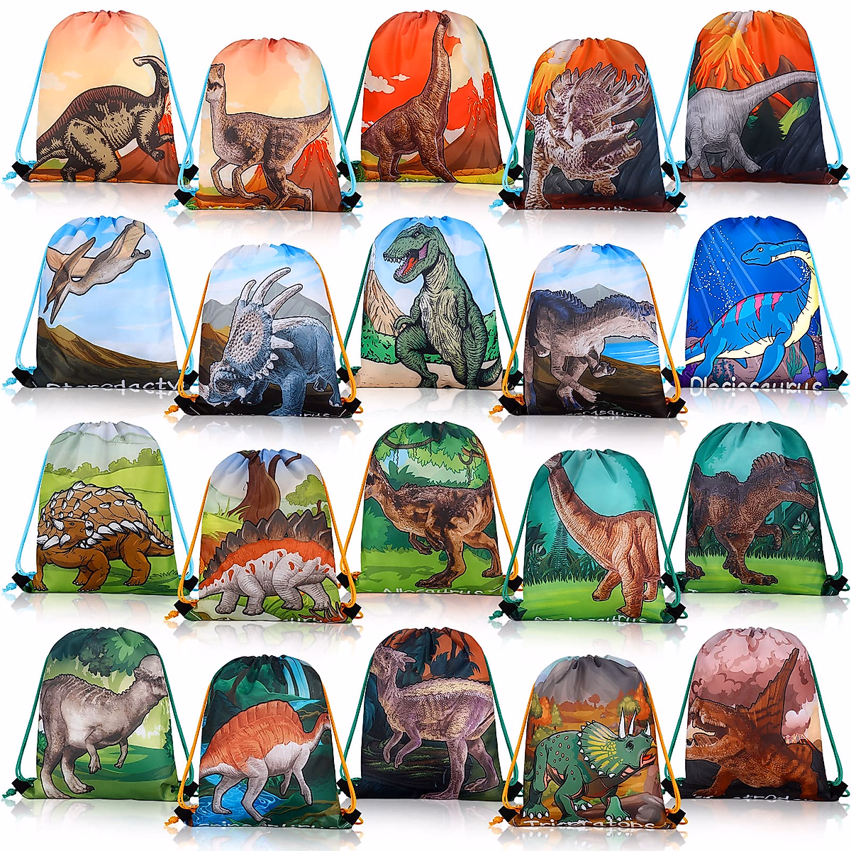 Weewooday 20 Pcs Dinosaur Party Favor Bags Drawstring Gift Goodie Treat Bag Dinosaur Candy Party Supplies Backpack for Birthday Candy Decoration(Bright Style)