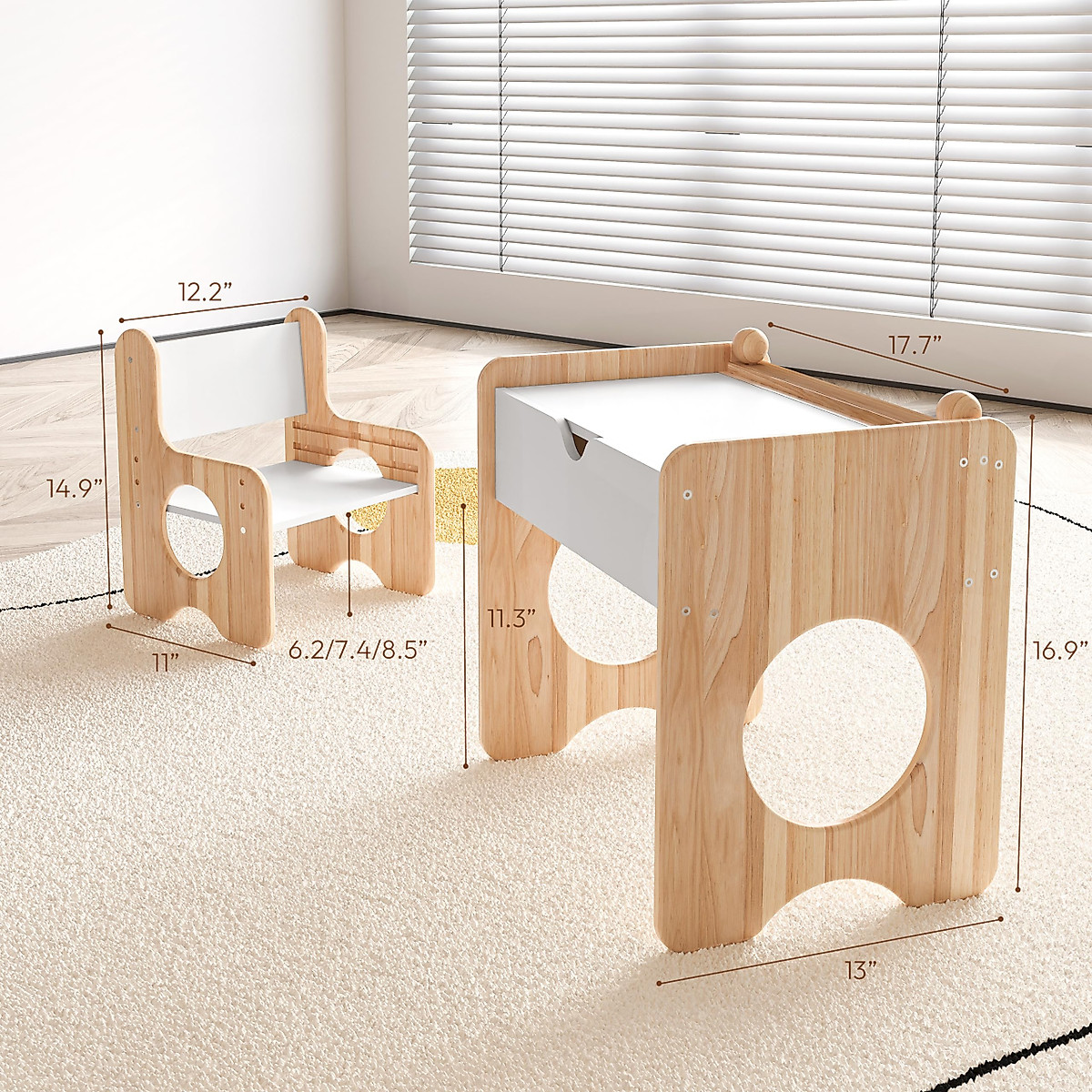 Woodtoe Kids Table and Chair Set with Storage & Chalkboard, Height Adjustable Toddler Chair, Montessori Art Table and Chair Set, Natural Wooden Activity Table, Drawing Dinner Desk for Baby Toddlers 1+