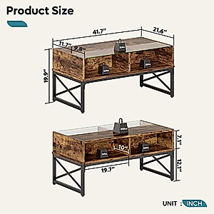 Bestier LED Coffee Tables for Living Room, 42 Inch Wood Center Table with Glass Top for Game Night. Living Room Tables Rustic Brown