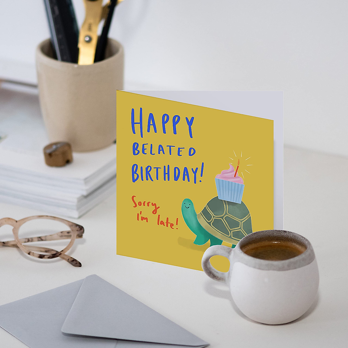Old English Co. Tortoise Belated Birthday Card - Sorry It's Late Greeting Card for Him or Her | Fun Cute Birthday Wishes for Men and Women | Blank Inside & Envelope Included