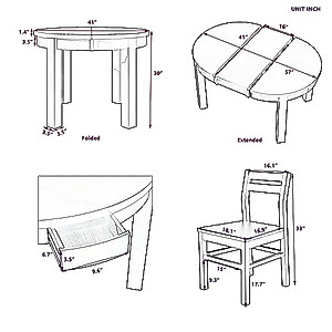 Bellemave 5-Piece Round to Oval Extendable Dining Table Set with 4 Chairs, Drawers and 16" Removable Leaf for Kitchen, Dining Room.((Espresso)