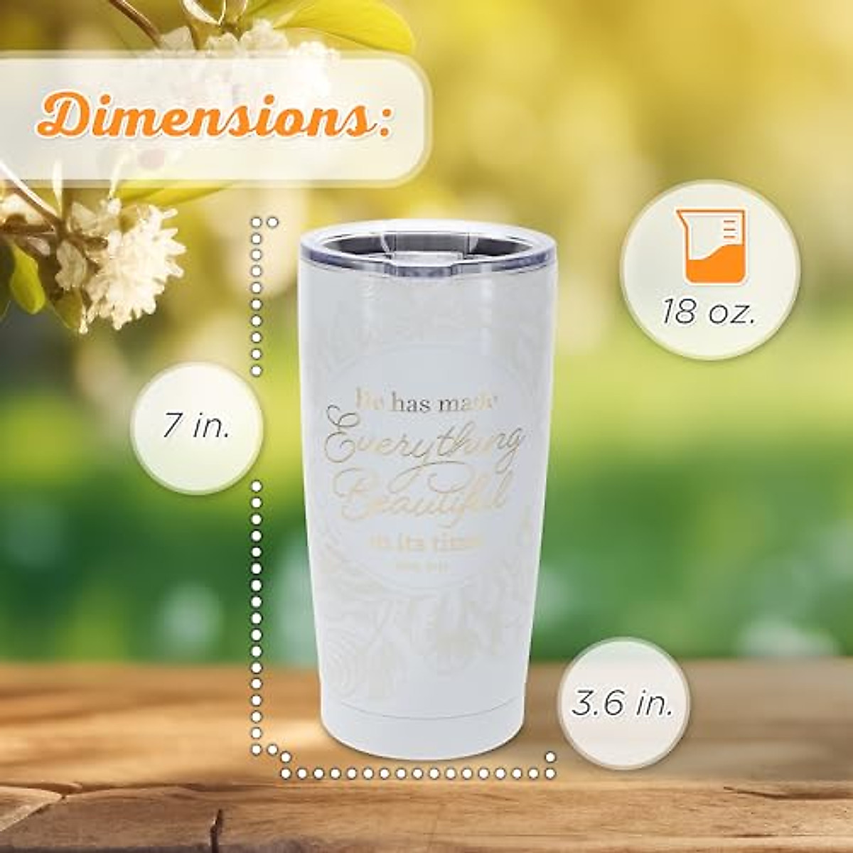 Christian Art Gifts Large Travel Tumbler for Women Stainless Steel Vacuum Insulated Inspirational Scripture: Everything Beautiful, Retractable Lid, Ivory White Floral, 18 oz.