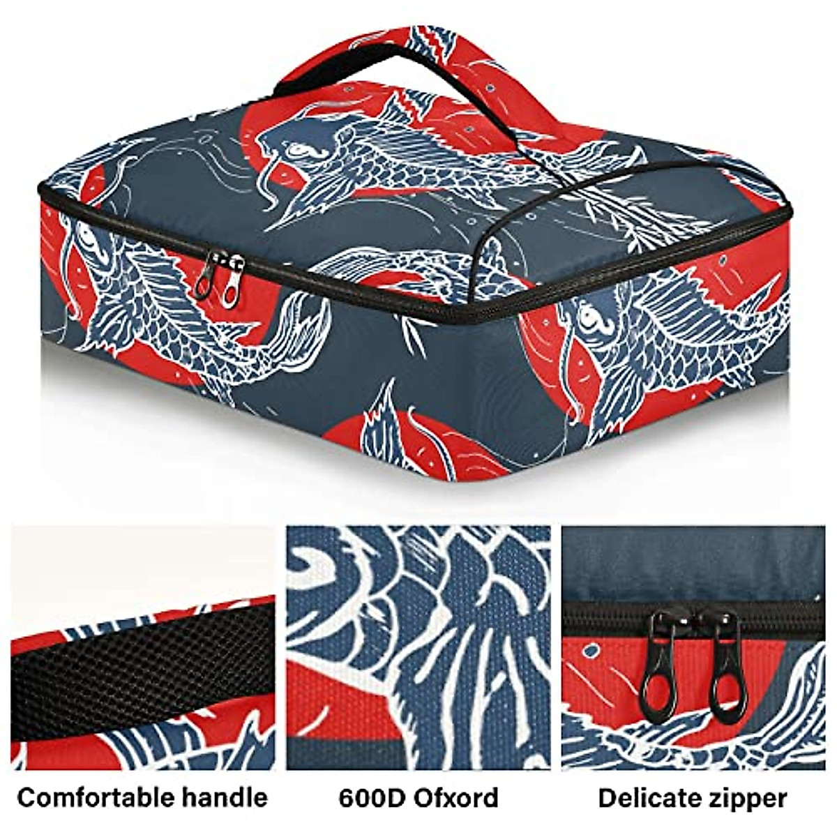 NFMILI Casserole Carrier for Hot and Cold Koi Sun Print, Insulated Food Delivery Bag Reusable Warmer Carrier Bag with Inner Pocket Aesthetic Print 15.75×11.81×3.94 inch