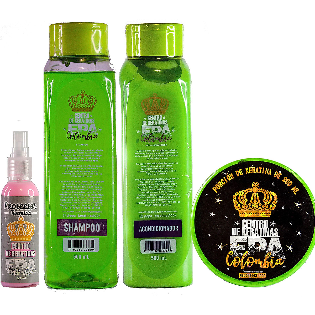 EPA COLOMBIA Keratin Minicombo Set - Shampoo, Conditioner, Brush, 200ML Treatment, Thermal Protector Spray for All Hair Types