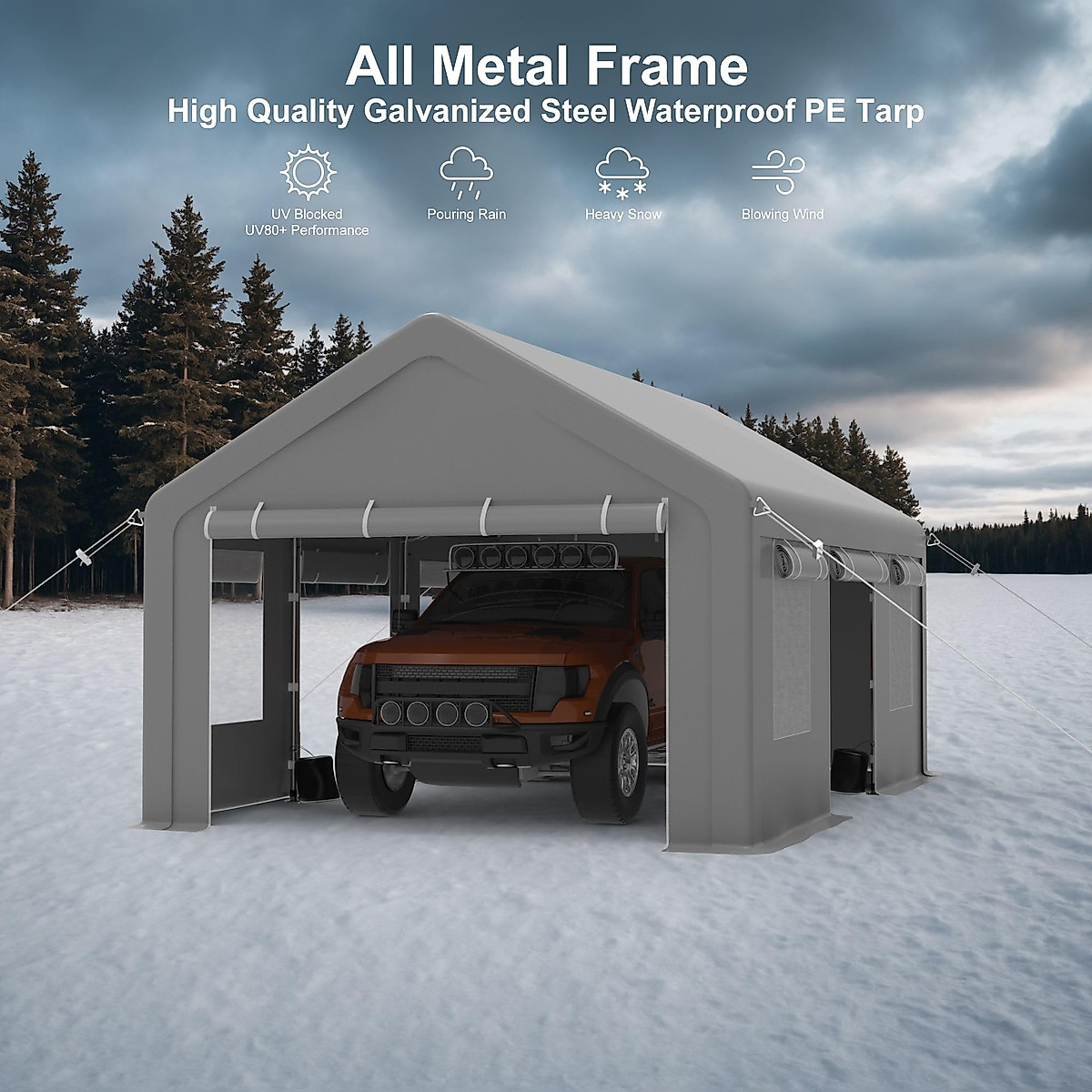 Carport 10x20ft Heavy Duty Portable Garage，Upgraded Carport with 4 Roll-up Doors & 4 Ventilated Windows, Reinforced Steel Poles, UV Resistant All-Season Waterproof Tarp, for Car, Truck, Boat