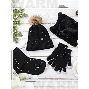Eurzom 5 Pcs Women Warm Hat and Gloves Scarf Set Knitted Beanie Ski Outing Pompom Hat Winter Ear Warmer Ski Earmuffs Stocking (Black)