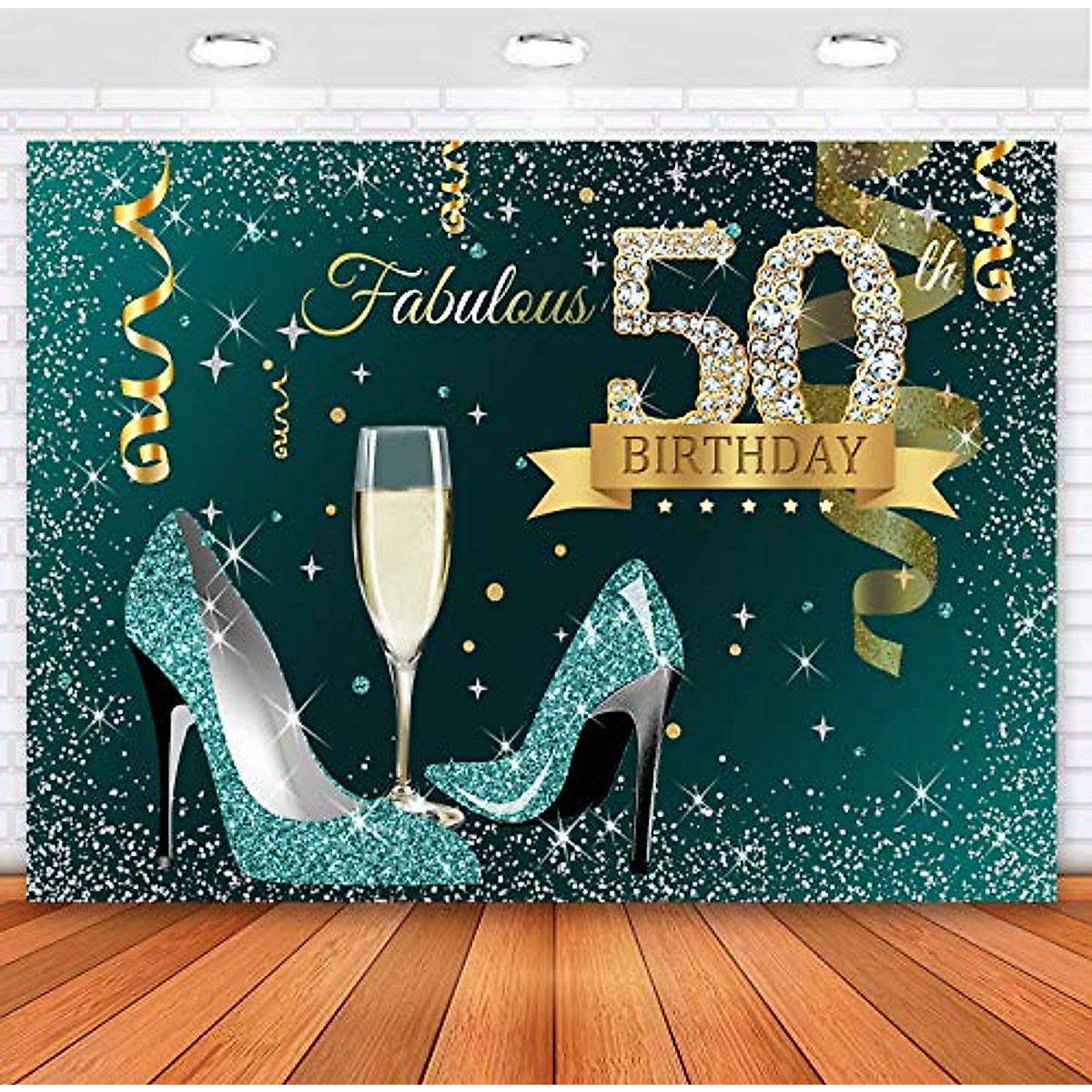 Sensfun Teal Gold Happy 50th Birthday Backdrop Glitter Silver Dots High Heels Champagne Glass Photography Background for Women Fabulous 50 Birthday Party Decorations Banner Photo Backdrops 7x5ft