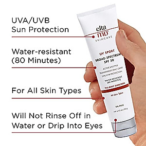 EltaMD UV Sport Broad Spectrum SPF 50 Sunscreen Sport Lotion, Body Sunscreen With UVA and UVB Protection, Water Resistant Up To 80 Minutes, Non-Greasy, Oil Free Formula With Zinc Oxide, 3 Oz Tube