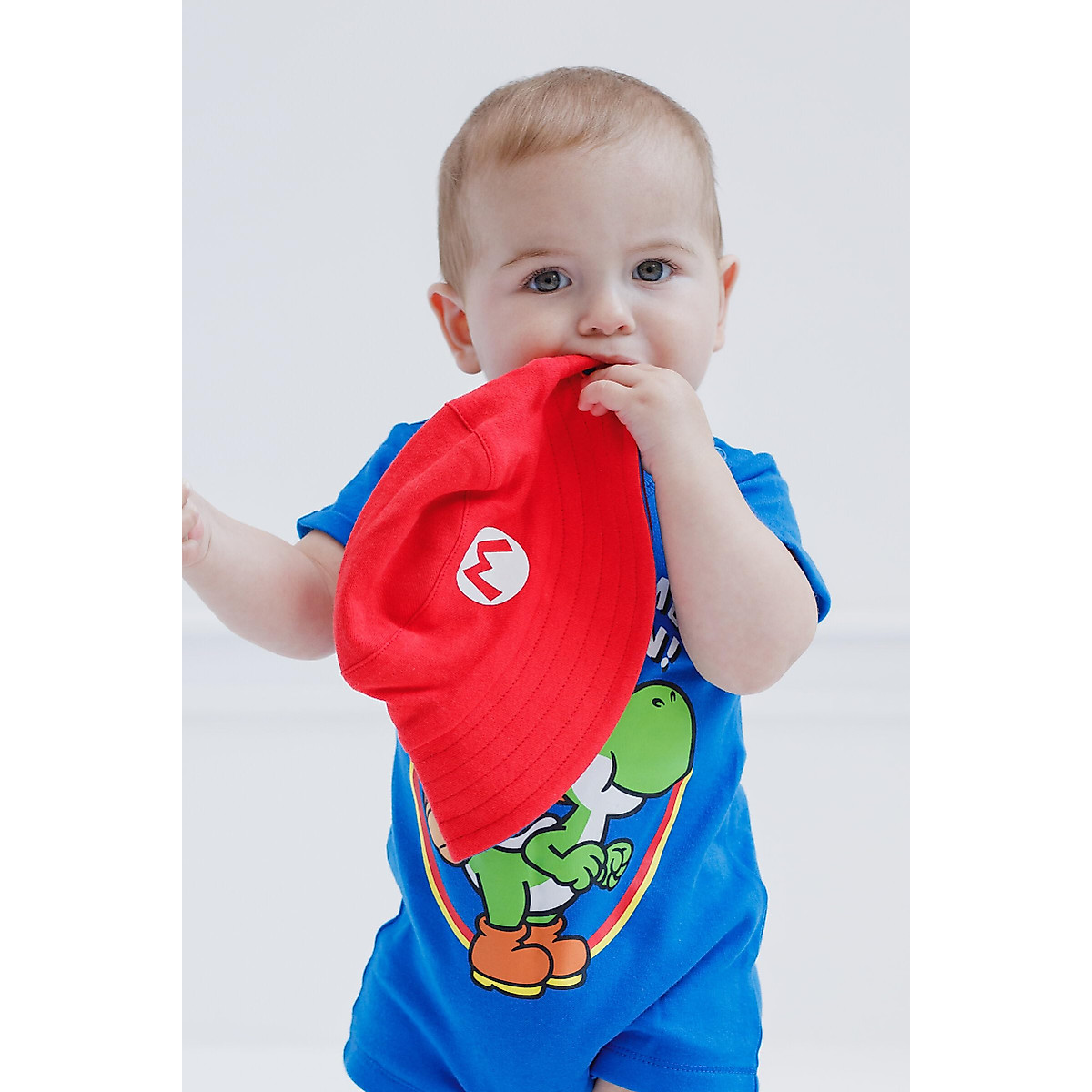 Super Mario Nintendo Mario Yoshi Infant Baby Boys Romper and Bucket Sun Hat Blue/Red 12 Months