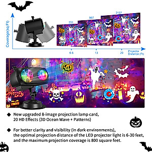 Halloween Christmas Projector Lights, COOLWUFAN Upgrade Waterproof Outdoor Indoor Holiday Projector Lights with Remote and 20 HD Effects (3D Ocean Wave + Patterns) for Xmas Halloween Party Yard Decor