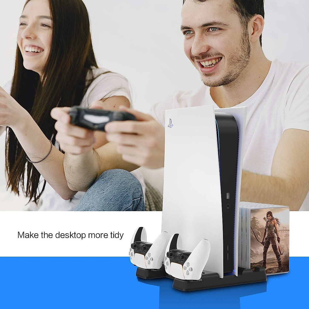 ECHZOVE PS5 Stand with Controller Charger and Cooling Fan, PS5 Digital/Disc Version Stand, PS5 Controller Charger with USB C Cable, PS5 Cooling Stand - White