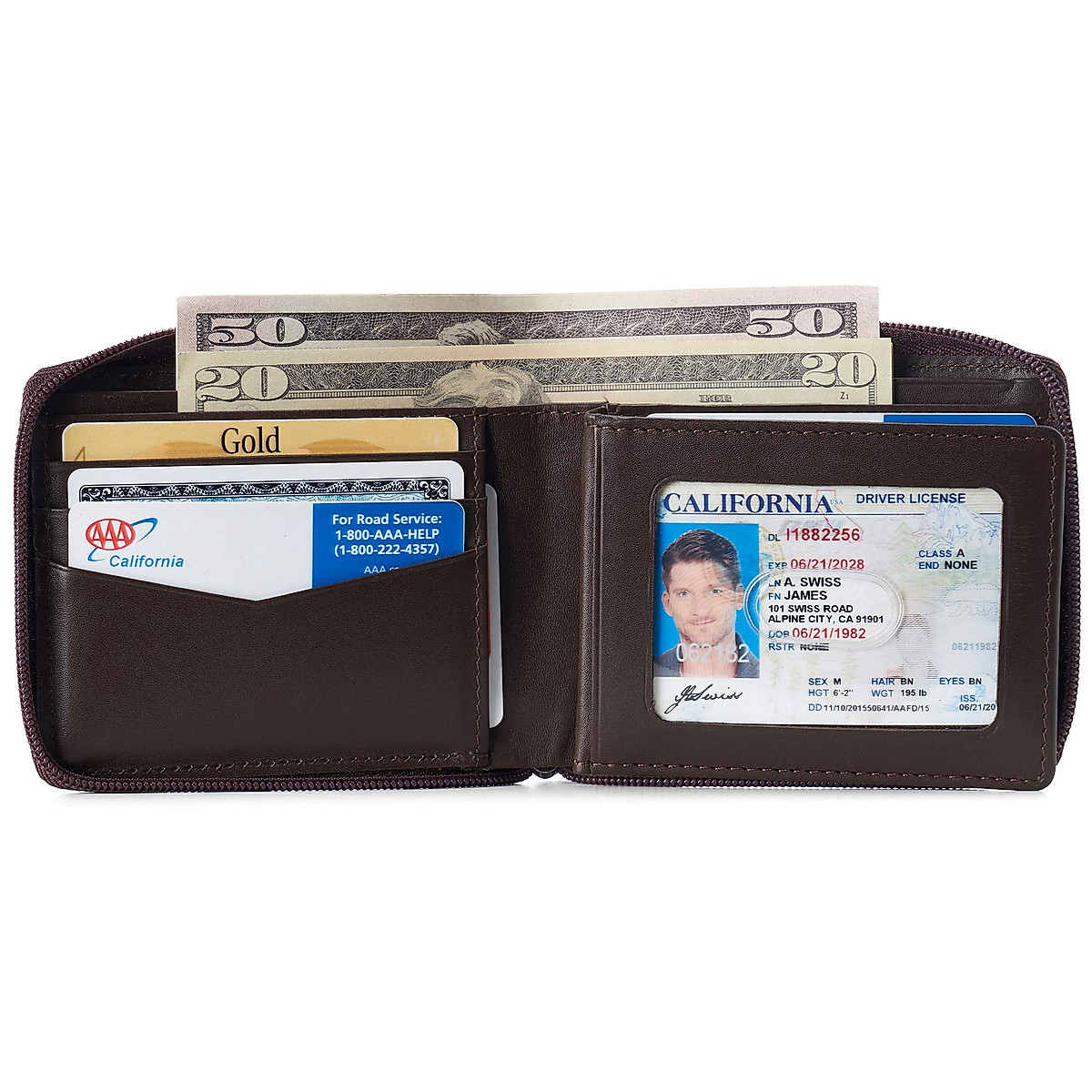 Alpine Swiss Logan Zipper Bifold Wallet For Men or Women RFID Safe York Collection Smooth Finish Brown