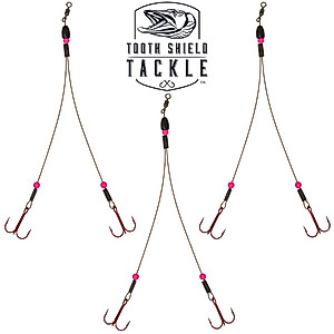 Tooth Shield Tackle Tungsten Weighted Ice Fishing Tip Up Leader Rig (90 lb) Ice Fishing Sucker Walleye Pike Musky Predator Rig (3 Pack) (Camo/Pink Bead/Predator Rigs) (Hook Size: 1/0)