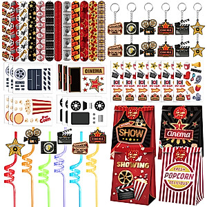 Movie Night Party Favors 72 PCS Movie Theater Slap Bracelets Temporary Tattoos DIY Stickers Keychains Plastic Straws Gift Bags for Kids Movie Night Carzy Birthday Party Gift Baby Shower Goodie Bag Fillers Movie Party Supplies