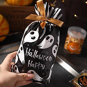 VIFOME 24 PCS Halloween Favor Bags Ghost Treat Bags Gift Bags Plastic Drawstring Bags Candy Goodies Bags Gift Wrapping Bags Halloween Party Decoration