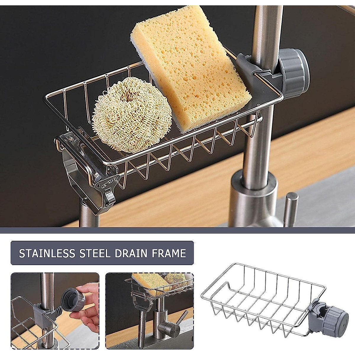 Kitchen Sink Caddy Organizer Over Faucet Sponge Holder, Stainless Steel Heavy Duty Thickening Hanging Faucet Drain Rack for Scrubbers, Soap, Bathroom, Detachable No Suction Cup or Magnet (Faucet Rack)
