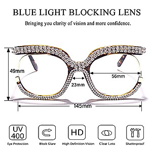 Rmerom Blue Light Blocking Oversized Glasses Stylish Fake Round Eyeglasses for Women UV400 Protection Eyewear GVA9051 (Leopard/Anti-blue/W Diamond)