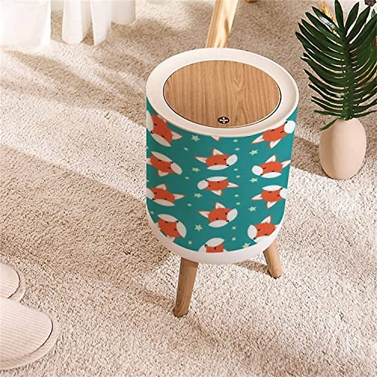Small Trash Can with Lid Cute Cartoon Foxes Seamless with Foxes Faces Round Recycle Bin Press Top Dog Proof Wastebasket for Kitchen Bathroom Bedroom Office 7L/1.8 Gallon