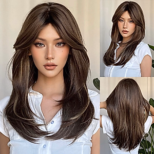 HAIRCUBE Long Brown Wigs for Women Layered Synthetic Hair Wig with Highlight