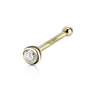 Bezel Set CZ 14K Yellow Gold Nose Ring Bone Stud Piercing 18G