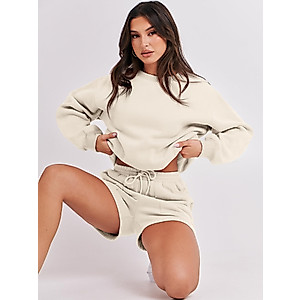 ANRABESS Women 2 Piece Outfits Sweat Shorts Sets 2025 Oversized Casual Lounge Matching Set Sweatsuit Tracksuit Clothes Beige X-Small