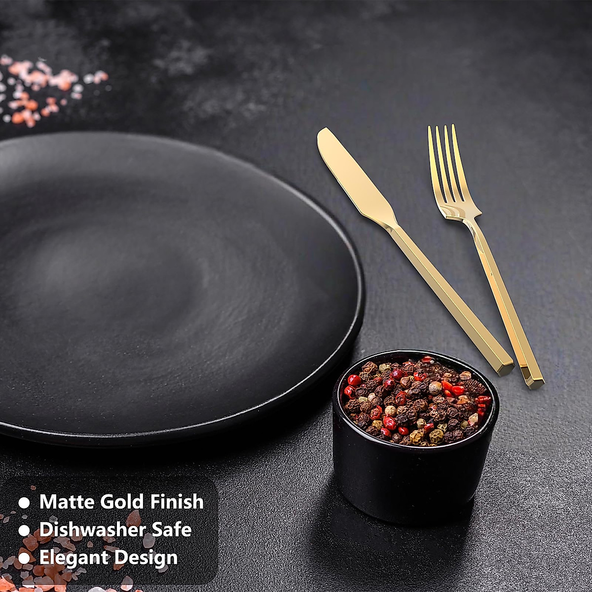 Kikbioee Gold 20 Piece Forged Stainless Steel Silverware Set, Hexagon Handle Flatware, Modern Mirror Finish Cutlery Set, Service for 4, Dishwasher Safe