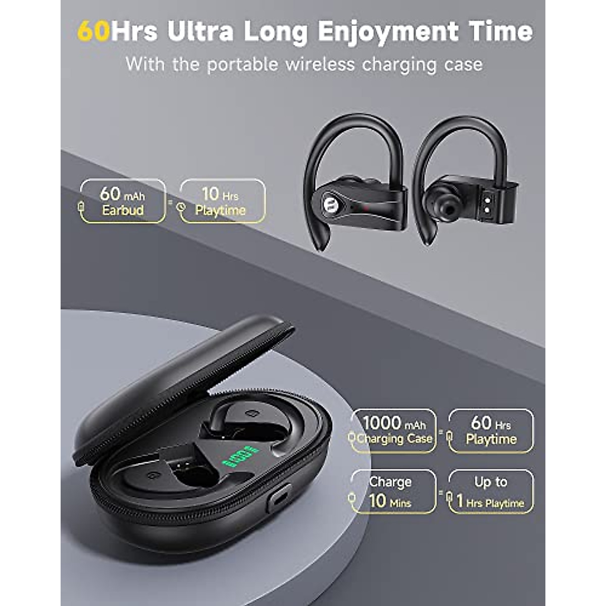 Bluetooth Headphones Noise Canceling 4 Mics Clear Call Stereo Bass Sound 60H Playtime Wireless Charging Case Over Ear Earphones LED Digital Display Headset with Earhooks for Sports Running Workout Gym
