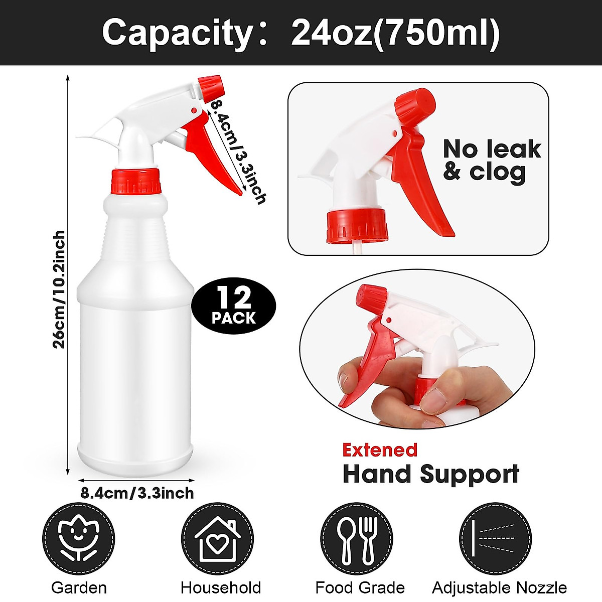 Gerrii 12 Pcs 24 Oz Plastic Spray Bottle, Leak Proof Empty and Reusable for Cleaning, Water, Auto Details or Bathroom and Kitchen, Commercial and Residential (Multicolor)