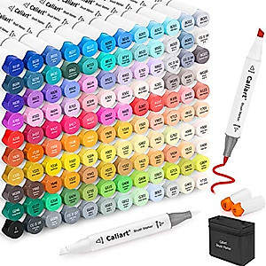 Caliart 121 Colors Alcohol Based Markers, Dual Tip (Brush & Chisel) Permanent Artist Art Markers Sketch Markers for Adult Kid Coloring Book and Illustration, Plus 1 Colorless Alcohol Marker Blender
