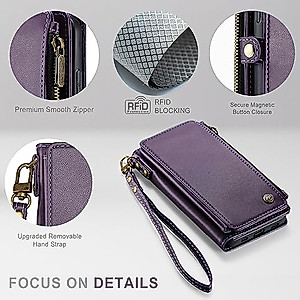 Defencase iPhone 12/12 Pro Case, RFID Blocking iPhone 12 Wallet Case for Women Men with Card Holder, Zipper Pocket Magnetic Flip PU Leather Strap Protective Cover for iPhone 12/Pro Phone Case, Purple
