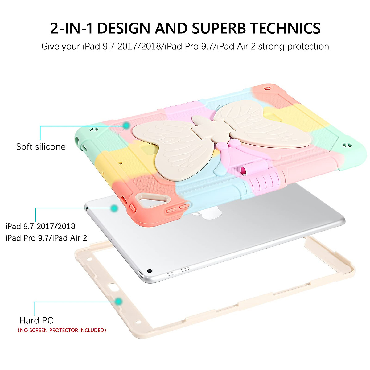 GUAGUA Compatible for iPad Air 2 Case for Kids, iPad 6th/5th Generation Case 2018/2017, iPad Pro 9.7 Case Kickstand Cover 2 in 1 Rugged Shockproof Anti-Scratch Tablet Case with Pen Holder, Colorful