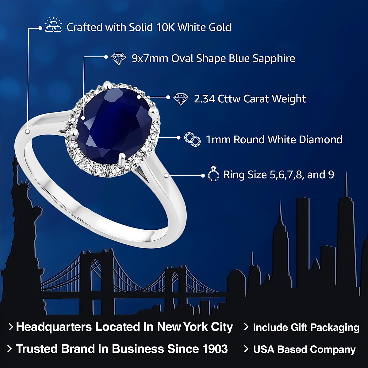 Gem Stone King 10K White Gold Blue Sapphire and Diamond Engagement Ring | 2.34 Cttw | Oval 9X7MM | Wedding Anniversary Promise Ring For Women | Gemstone Birthstone (Size 8)
