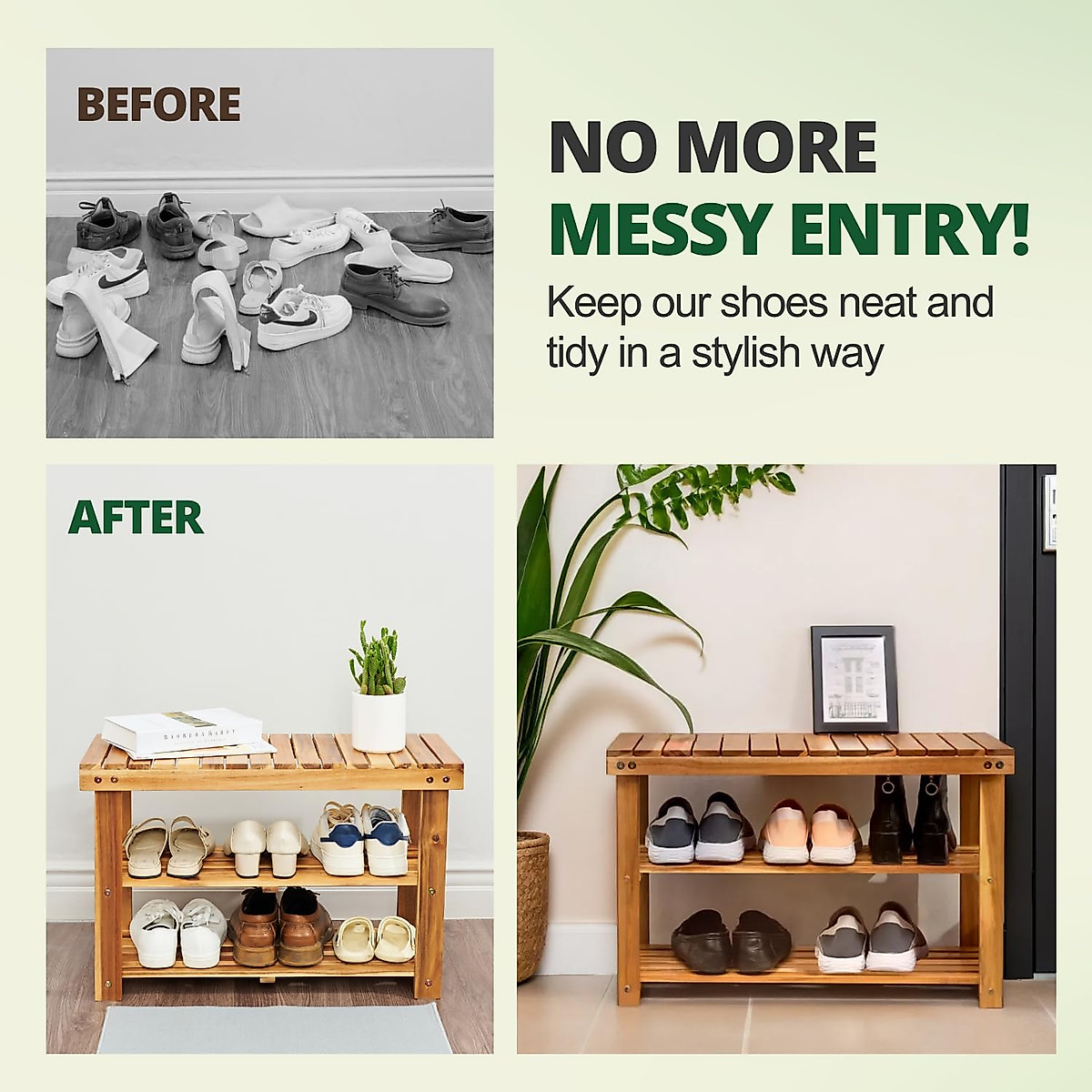 BEEFURNI Acacia Shoe Rack Bench, 3-Tier Sturdy Shoe Storage Bench, Wooden Shoe Organizer, 300 LBS Load Capacity, Perfect for Closet Entryway Bathroom, 1-Year Manufacturer Warranty, Natural Acacia