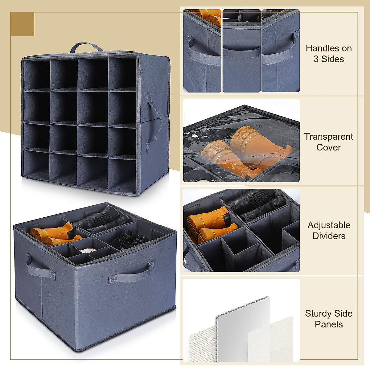 Suzile 2 Pack Shoes Organizer for Closet Fits 16 Pairs Fabric Storage Shoe Boxes with Clear Cover and Adjustable Dividers Large Wardrobe Shoe Basket Shoe Bin for Shoe Storage (Gray)