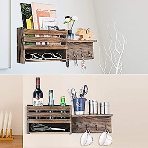 Lovewud Rustic Wood Show Caddy with 4 Hook, Bathroom Shower Shelf Storage Rack, Wall Mount Bathroom Organizer for Toilet, Dorm, kitchen