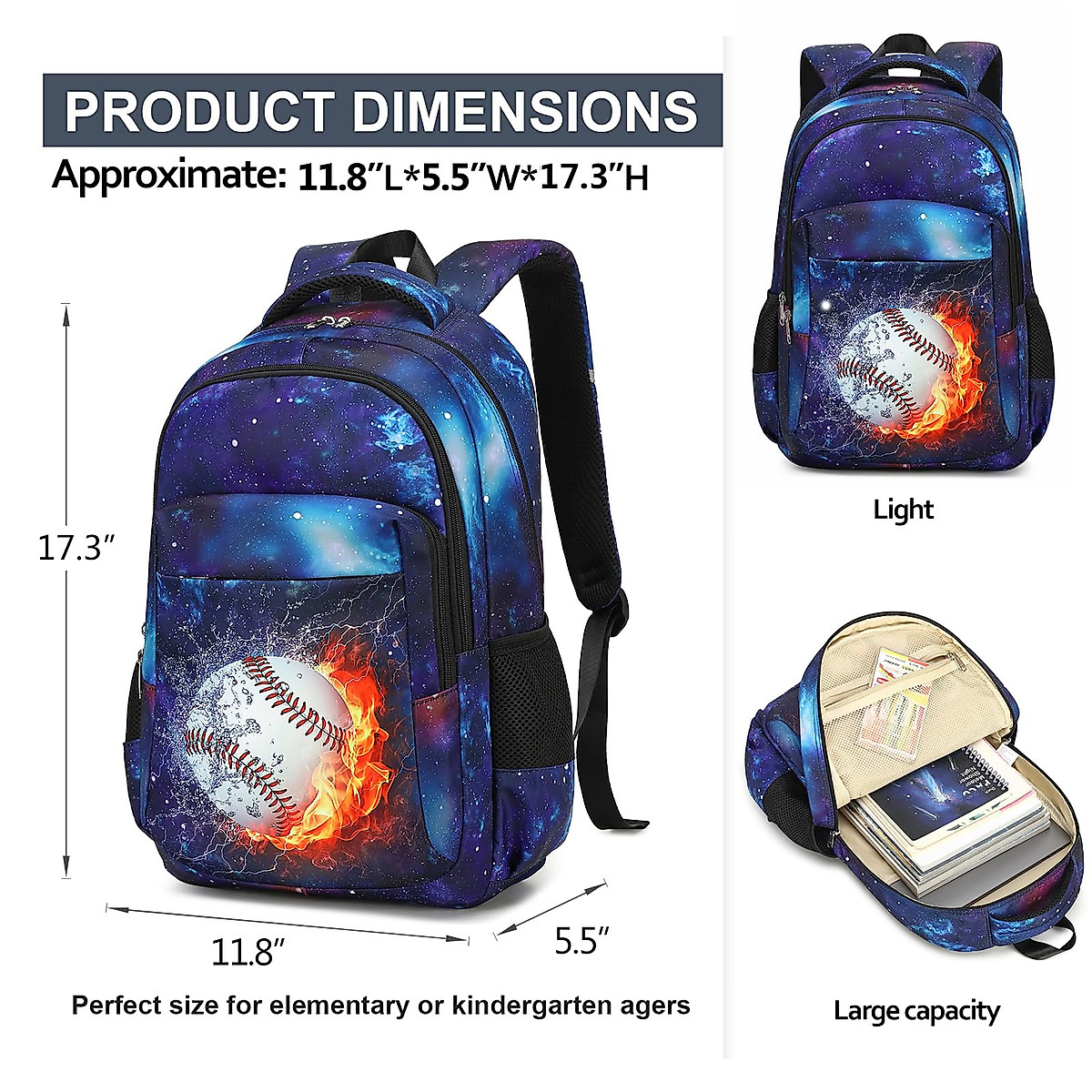 LEDAOU School Backpack Teen Boys Kids Bookbag Daypack School Bag (Baseball)