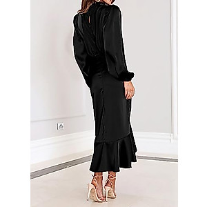 KIRUNDO Women's Fall Satin Mock Neck Wedding Guest Cocktail Midi Dress Long Sleeve Wrap Ruched Ruffle Formal Dresses(Black, Large)