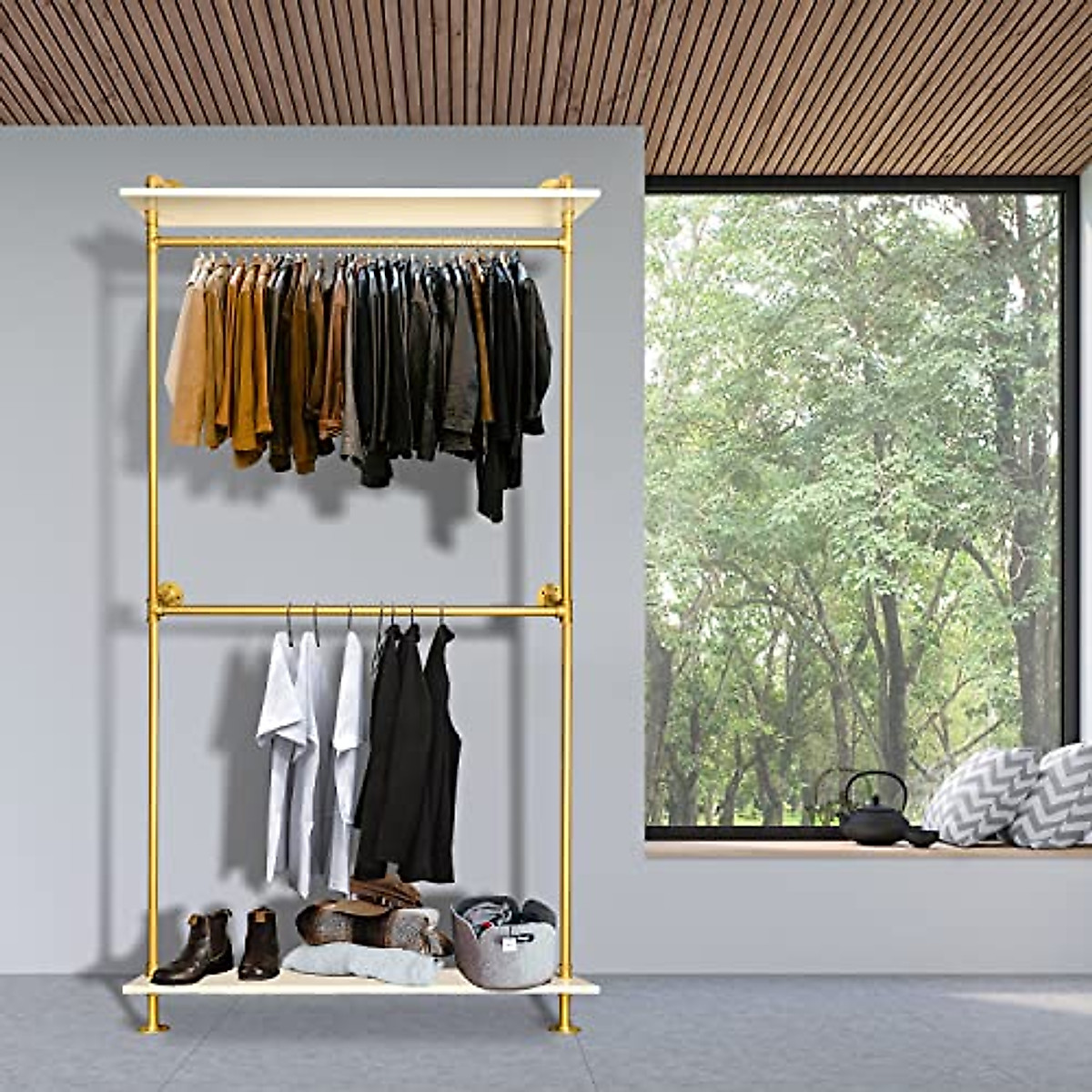lesolar Industrial Pipe Double Hanging Rods Clothing Rack Gold Clothing Rack,90.55" H Wall Mounted Garment Rack Storage Clothes Hanging Shelf Suitable for Bedroom, Retail Clothing Store, Boutique