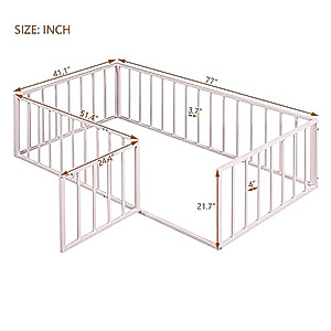 DNYN Twin Size Metal Floor Bed Frame with Door for Kids Bedroom,Metal Struture Bedframe w/Fence,No Box Spring Needed,77" x 41.1"x 21.7"H, Pink