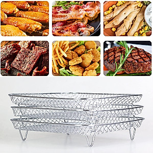 Homaisson Air Fryer Racks, Three Stackable 7.8 inch Air Fryer Racks for 4.2QT - 5.8QT Air fryers, Stainless Steel Dehydrator Air Flow Racks for Ninja, Gowise, Phillips Air Fryers, Ovens, Press Cookers (Square)