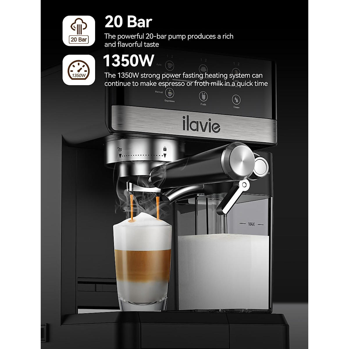 ILAVIE Espresso Machine Cappuccino Latte Coffee Espresso Maker, Auto Milk Frother for Smooth Milk Bubbles, Detachable Milk reservoir, 20 Bar High Pressure