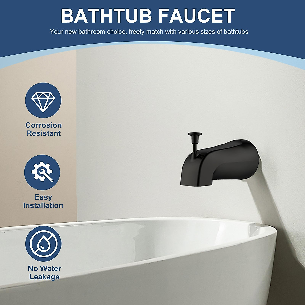 Gold Hao The Bathroom Universal Slip-On Tub Spout with Diverter - 5" Bathtub Faucet with Diverter, Easy to Install & Save Water Leaks in Minutes, Fit 5/8" Copper Pipe (Matte Black)