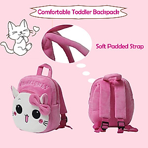 NZ SIXVONA Toddler Backpack for Girls, Cute Cartoon Cat Plush Small Baby Daycare Backpack for Little Kids, Red Cat