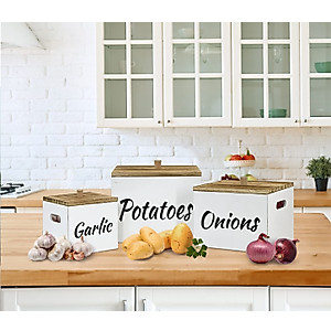 Potato and Onion Storage Bin Set of 3, Farmhouse Kitchen Storage Container Set for Potato Onion Garlic, Wood Potato Storage with Lid, Onion Storage Garlic Keeper, Potato Box, Onion and Potato Storage