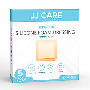 JJ CARE Silicone Foam Dressing 6x6 [Pack of 5], Silicone Bandages for Wounds, Waterproof Wound Dressing with Silicone Adhesive Border, Absorbent Bed Sore Bandages for Wound Care
