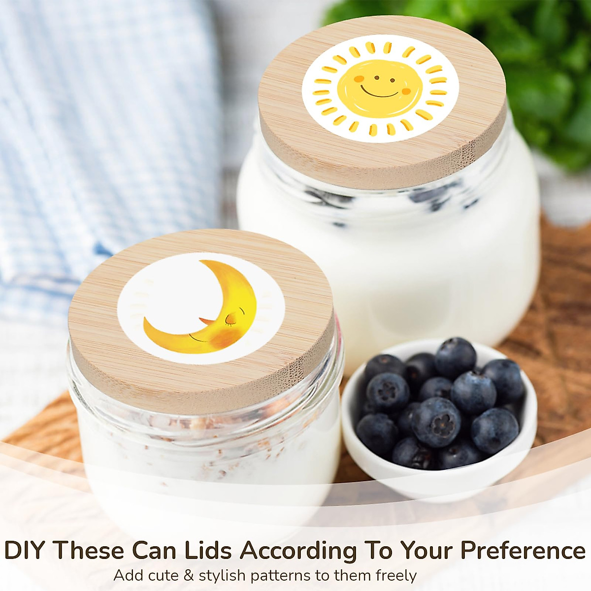 yeesport 12 PCS Yogurt Jar Lids, 2.6 Inches Bamboo Jar Lids for Yogurt Jars, Food Fruit Candy Can Lids with Silicone Sealing Rings, Yogurt Jar Lids With DIY Function