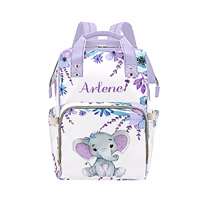 Elephant Purple Personalized Diaper Bag Backpack Tote with Name,Custom Travel Nappy Mommy Bag Backpack