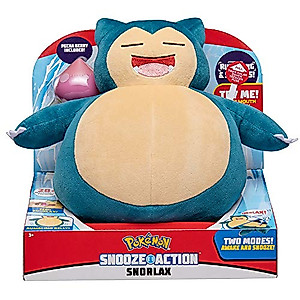 Pokemon Snooze Action Snorlax Plush, 10-Inch Plush Toy - Features Over 20 Authentic Snorlax Sounds, with 2 Modes of Play: Asleep & Awake, Plus Vibrating Belly - Eats Pecha Berry (Included)
