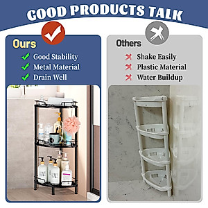 Outink Corner Shower Caddy Stand, Metal Floor Standing Shower Organizer with 4 Hooks, Multi-Function Shower Shelf Rack Stand for Bathroom Inside Shower (3-Tier)