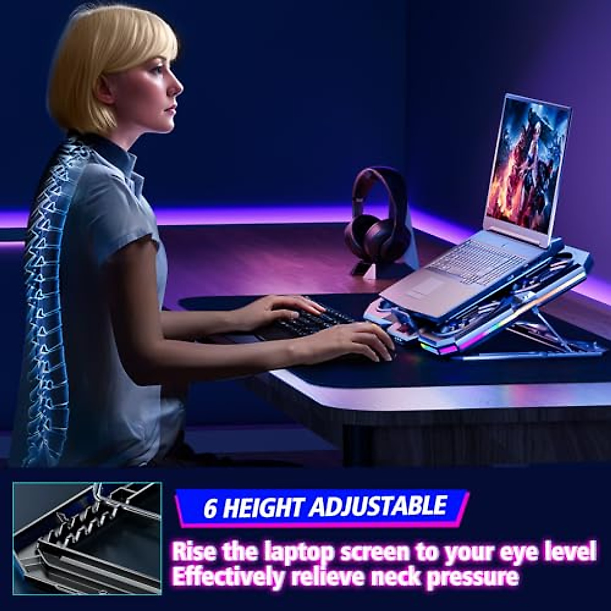 Gaming Laptop Cooling Pad,Large Size Laptop Cooler for 15"-21" Gaming Laptop with Silent Cooling Fans, RGB Lights, Laptop Cooling Stand with 5 Adjustable Heights, (Black with 18W Charger)